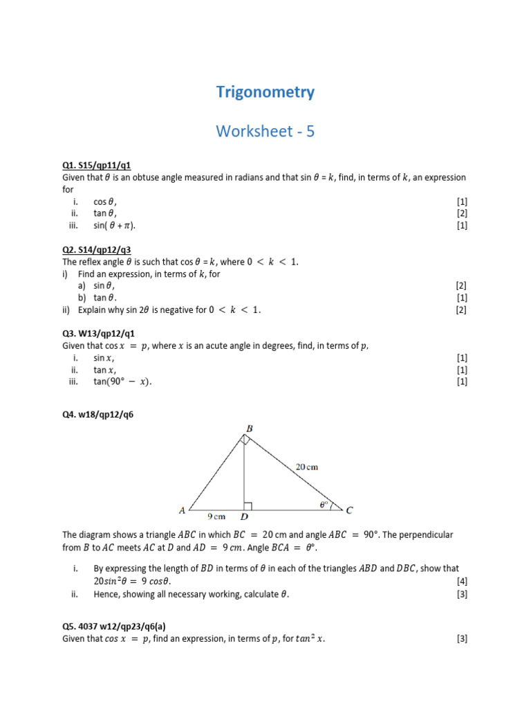 Trigonometry Worksheet 5 | PDF