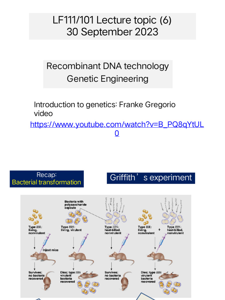 LIF-111-101 Lecture Topic (6) Recombinant DNA Technology - 30 August ...