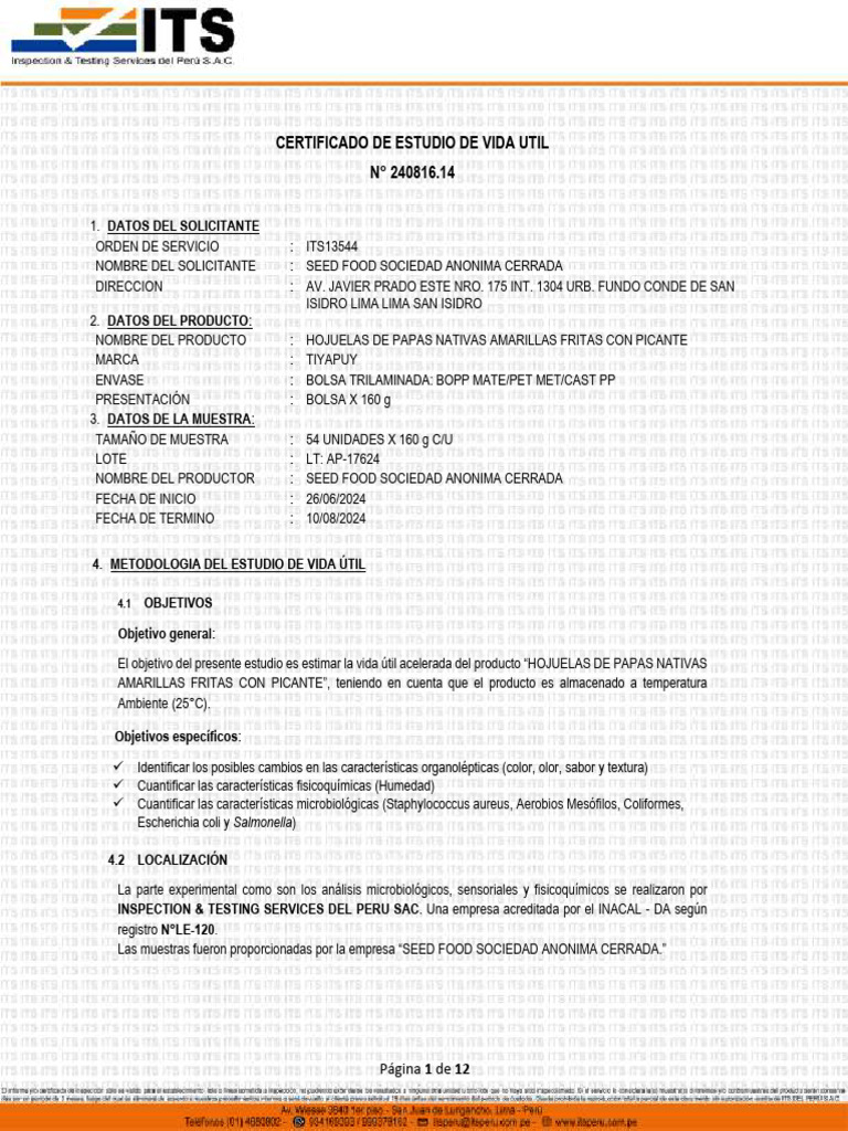 Certificado Vida Util Frutas