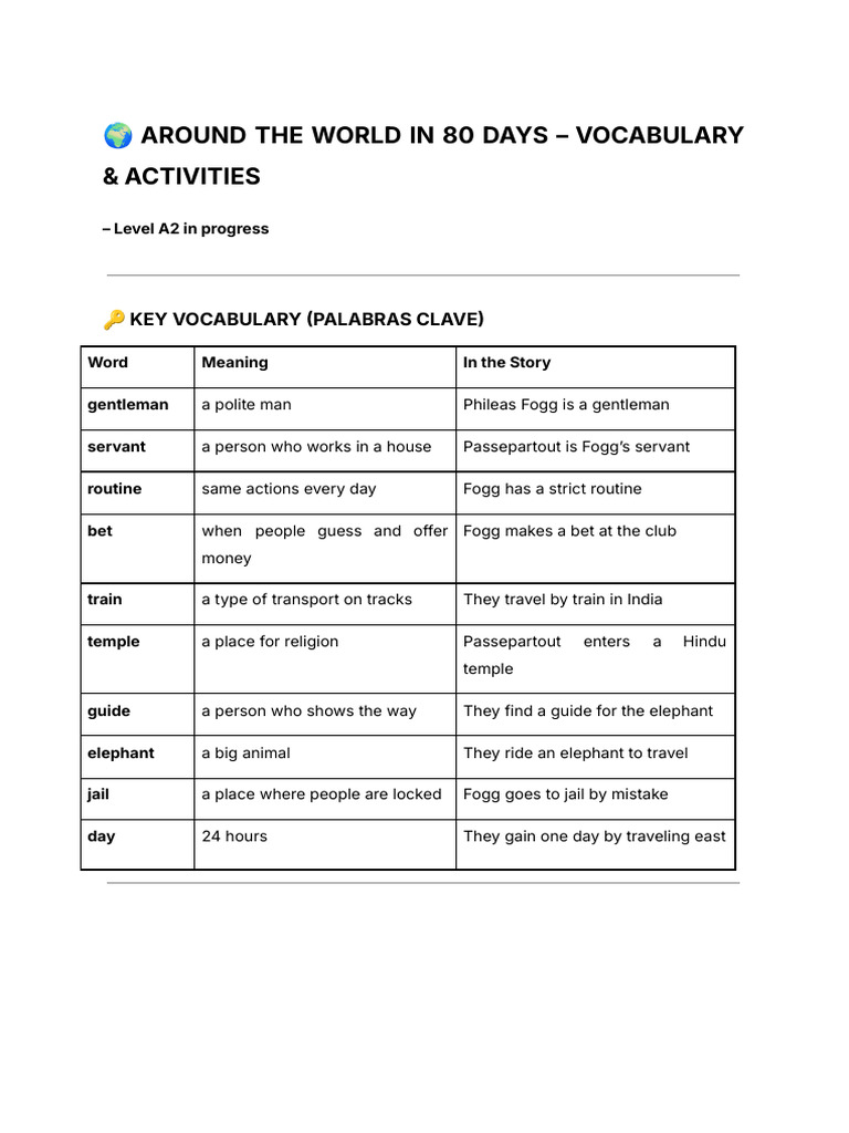 Around The World in 80 Days Vocabulary Activities | PDF