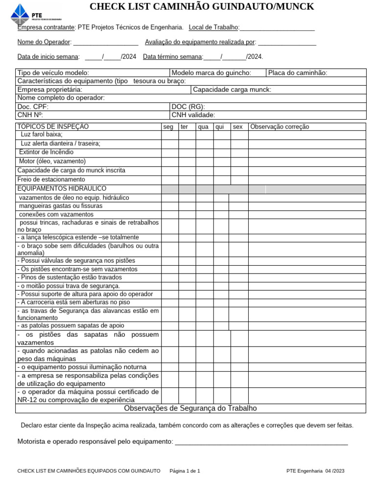 Checklist Caminhão Guindauto Pte 2023 | PDF