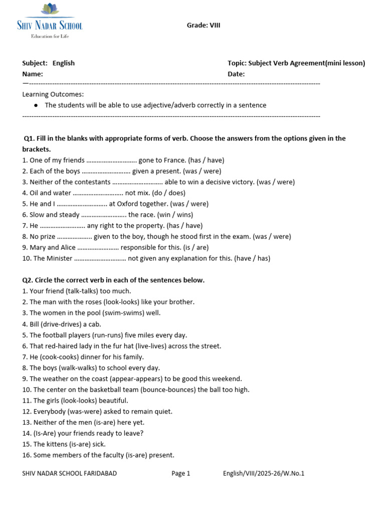 Worksheet - Subject Verb Agreement | PDF | Grammar | Syntax