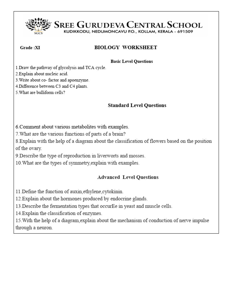 Grade 11 Worksheet Biology | PDF