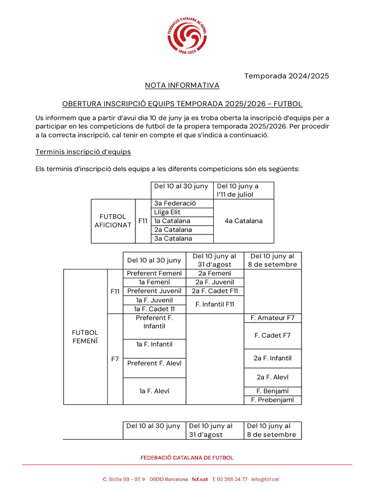 Nota Informativa - Obertura Inscripciã - Equips Temporada 20252026 ...