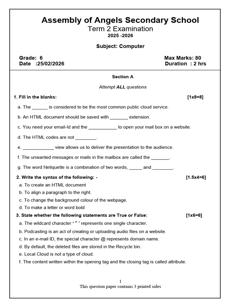 Computer Class 6 2nd Term Question Paer 2025 | PDF | Html | World Wide Web