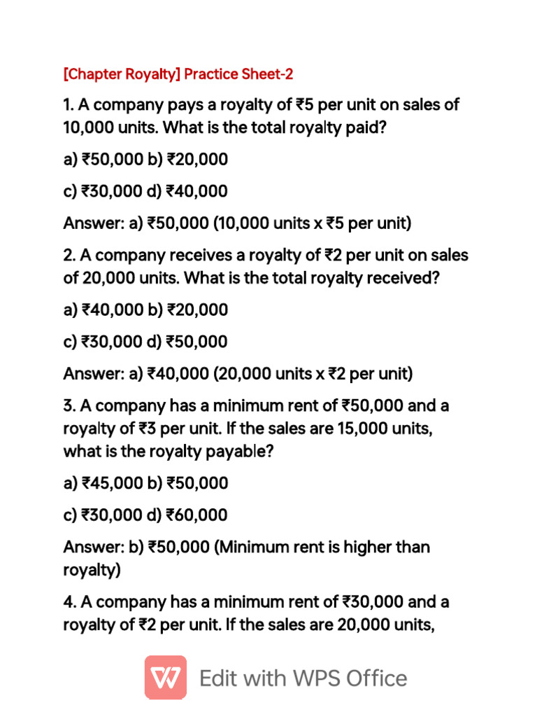 Royalty Practice Sheet - 2 | PDF | Debits And Credits | Royalty Payment