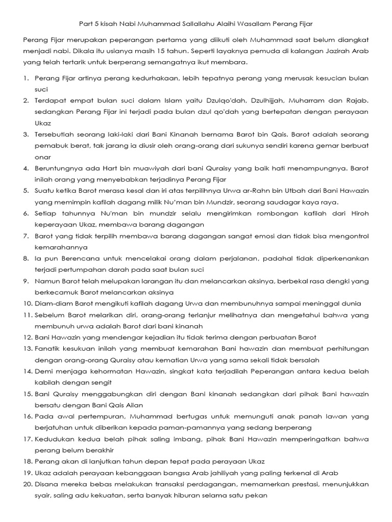 Part 5 Kisah Nabi Muhammad Sallallahu Alaihi Wasallam Perang Fijar | PDF