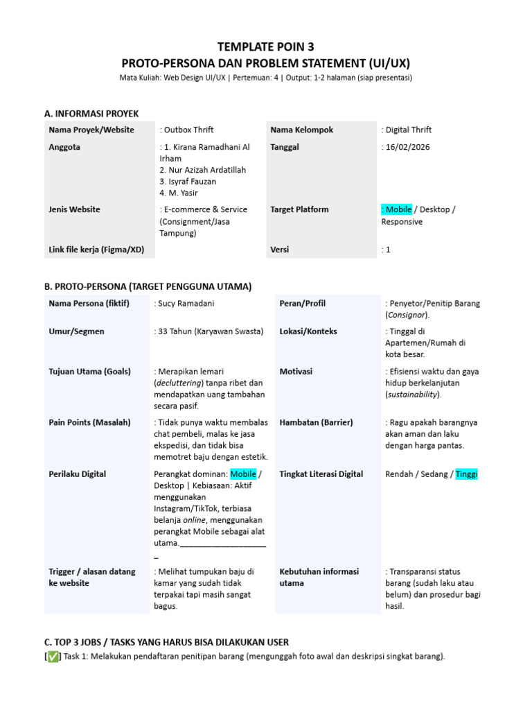 Template Poin 3 Proto-Persona Dan Problem Statement (Ui - Ux) | PDF