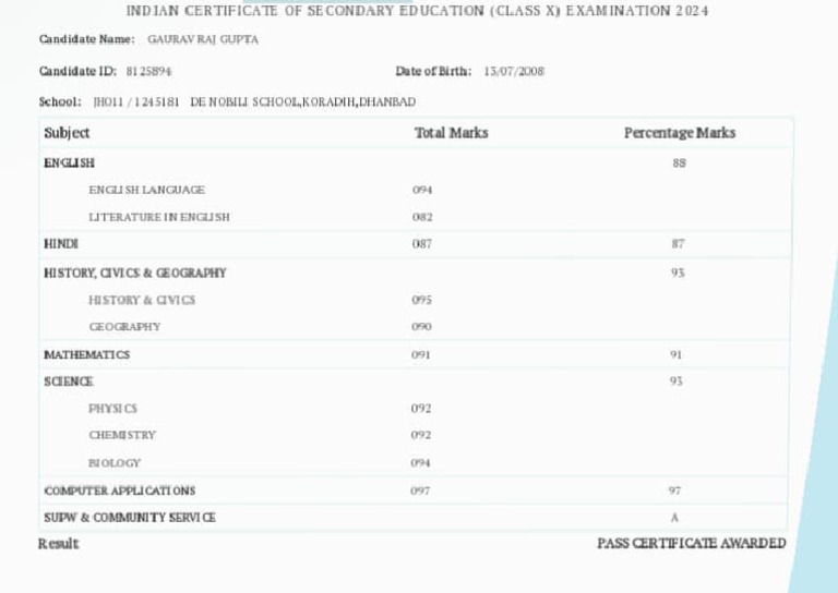 10th Marksheet | PDF