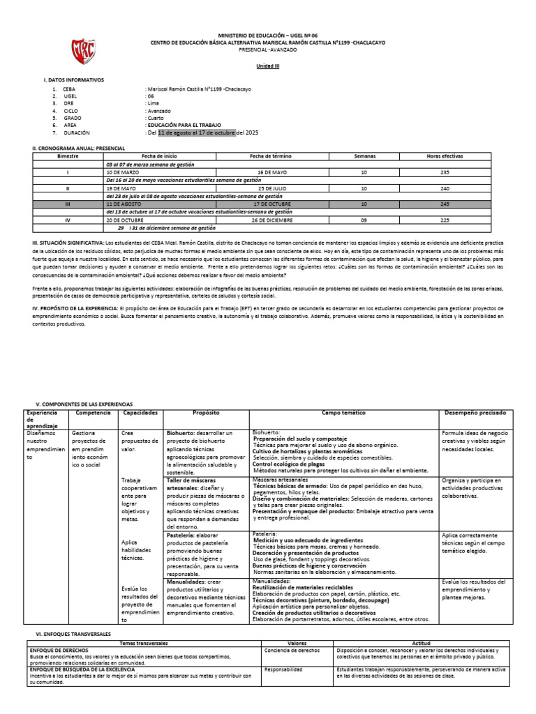 Unidad III ; EPT 4° 2025 | PDF | Evaluación | Aprendizaje