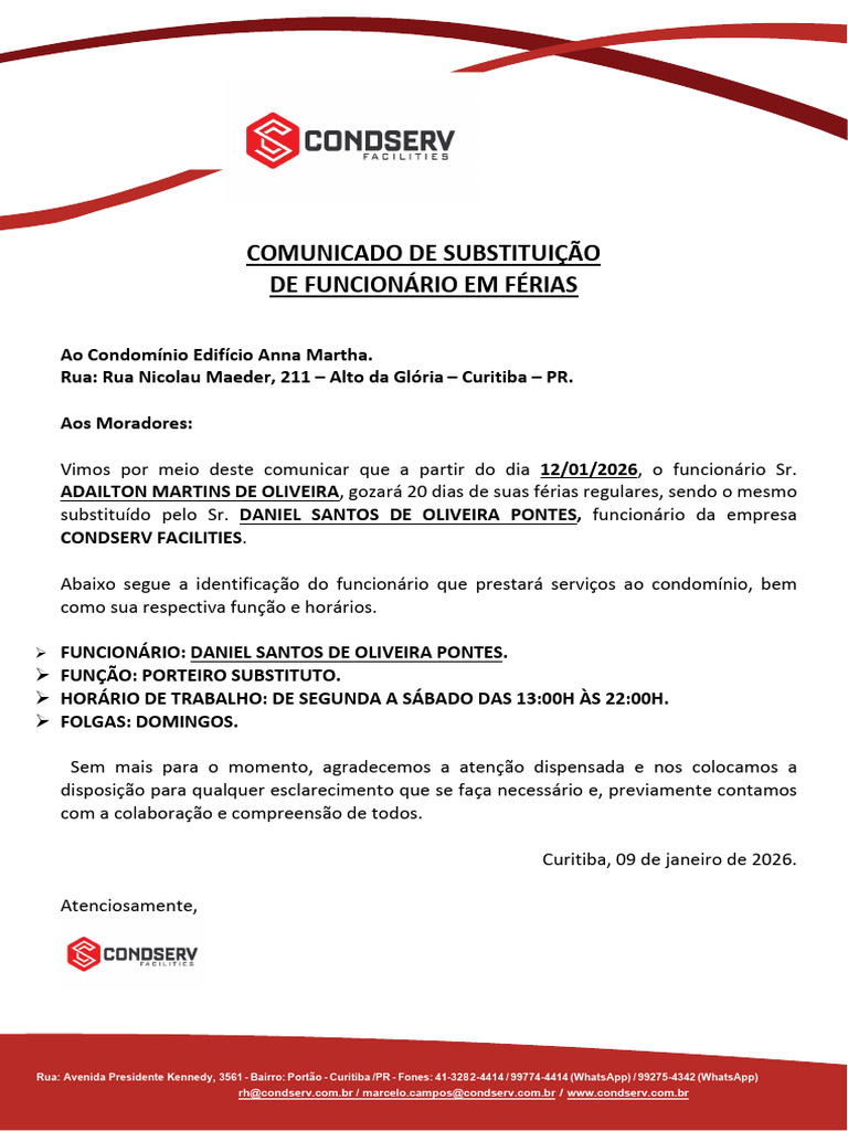 Comunicado Ed. Anna Martha Férias Adailton Subs. Daniel 01-2026 | PDF