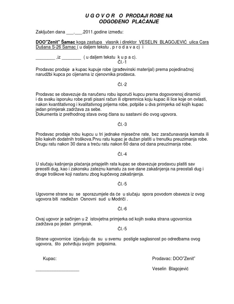 Ugovor Za Prodaju Robe Na Odgodjeno Placanje | PDF