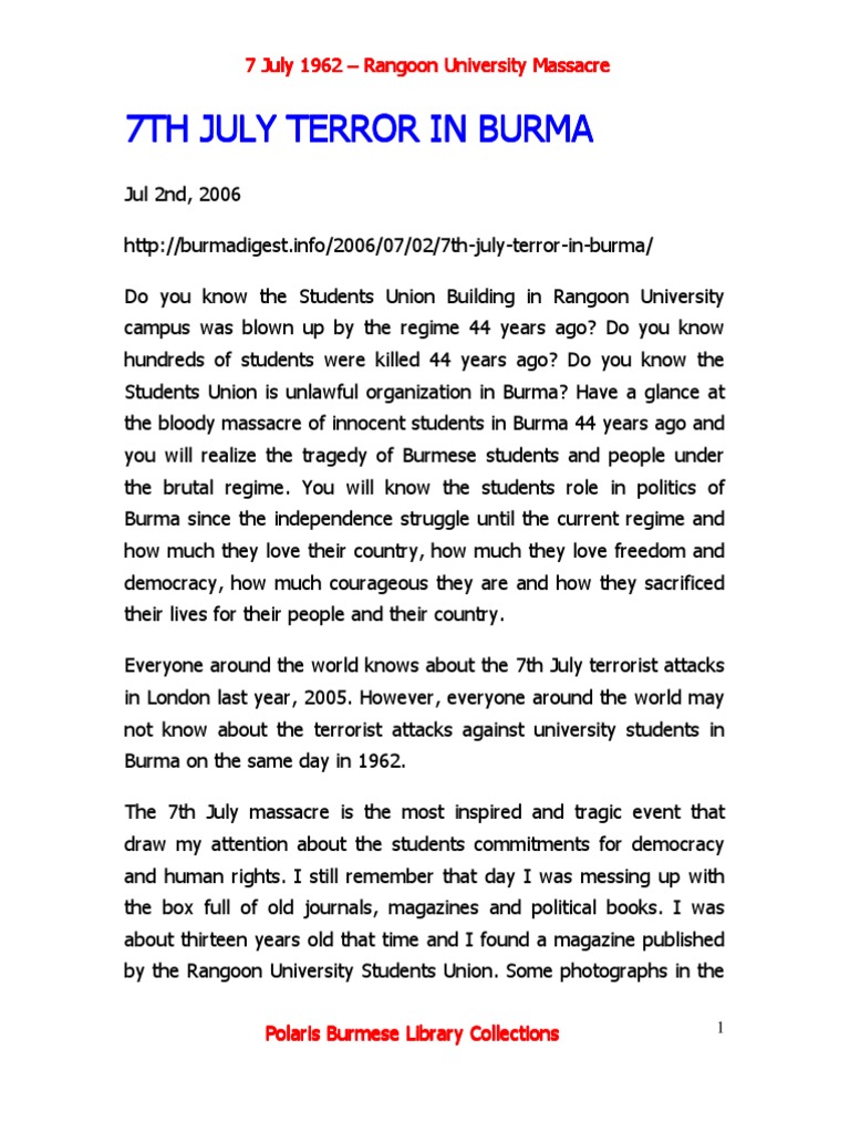 7 July 1962 - Dictator General Ne Win Destroyed Students Union Building ...