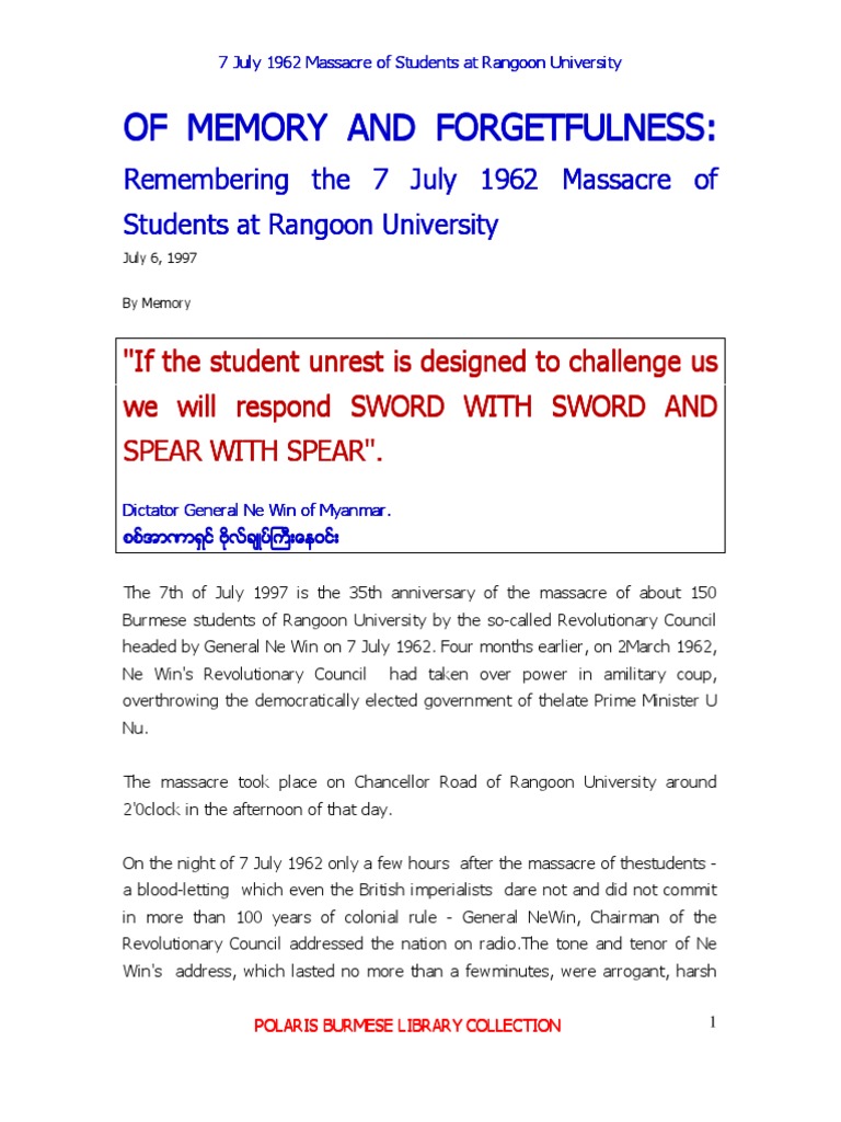 7 July 1962 - Dictator General Ne Win Destroyed Students Union Building ...