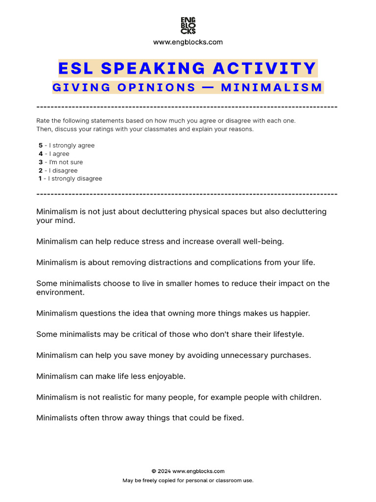 Esl Speaking Activity Giving Opinions Minimalism | PDF