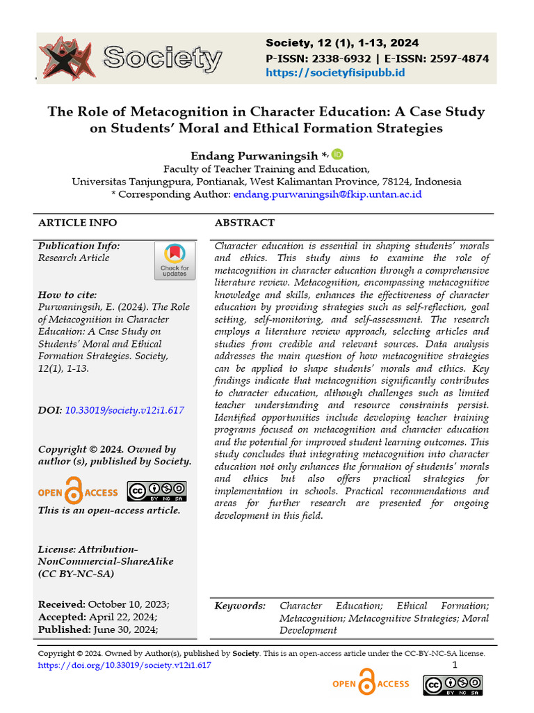 The Role of Metacognition in Character Education (A Case Study On ...
