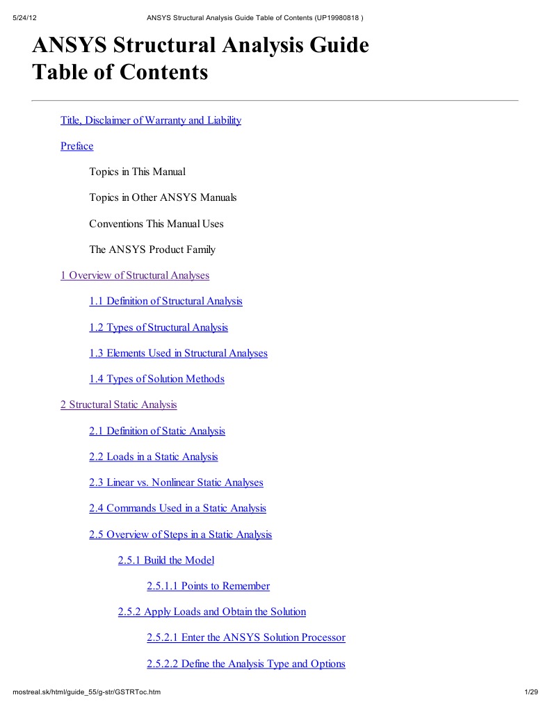 ANSYS Structural Analysis Guide Table of Contents (UP19980818) | PDF ...