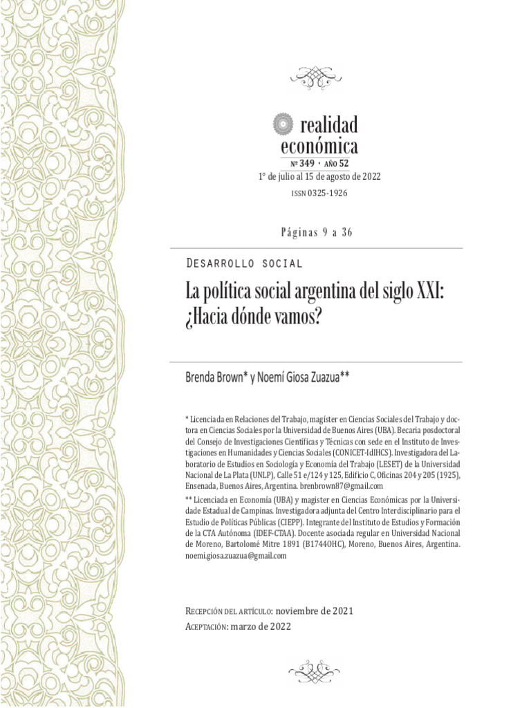 2022. Brown y Giosa Zuazua. La politica social argentina en el siglo ...
