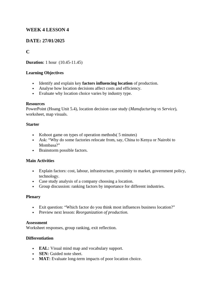 WEEK 4 LESSON 4 Lesson Plan Factors Affecting Location | PDF ...