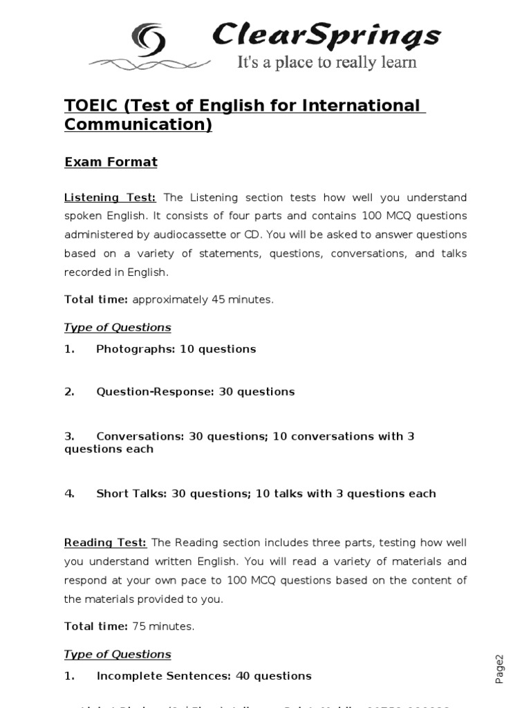 TOEIC (Test of English For International Communication) : Exam Format ...