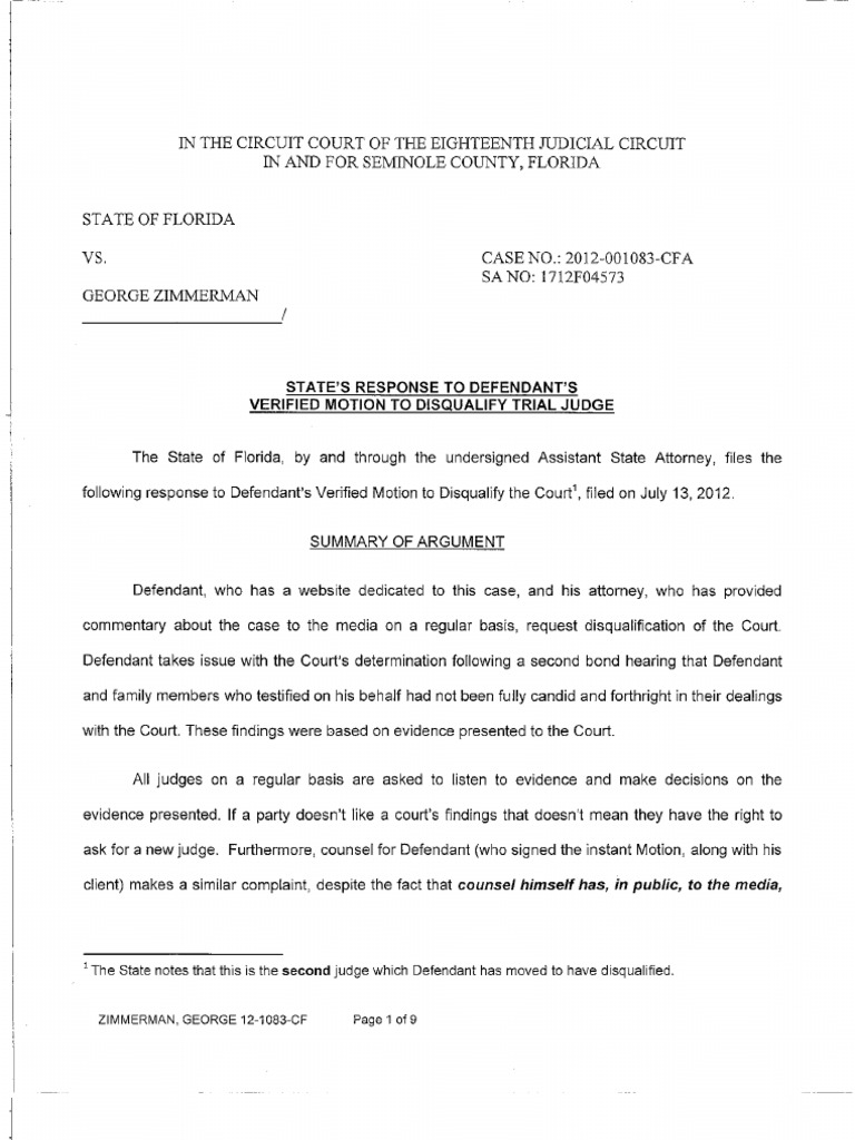 State's Response To Defendant's Verified Motion To Disqualify Trial ...