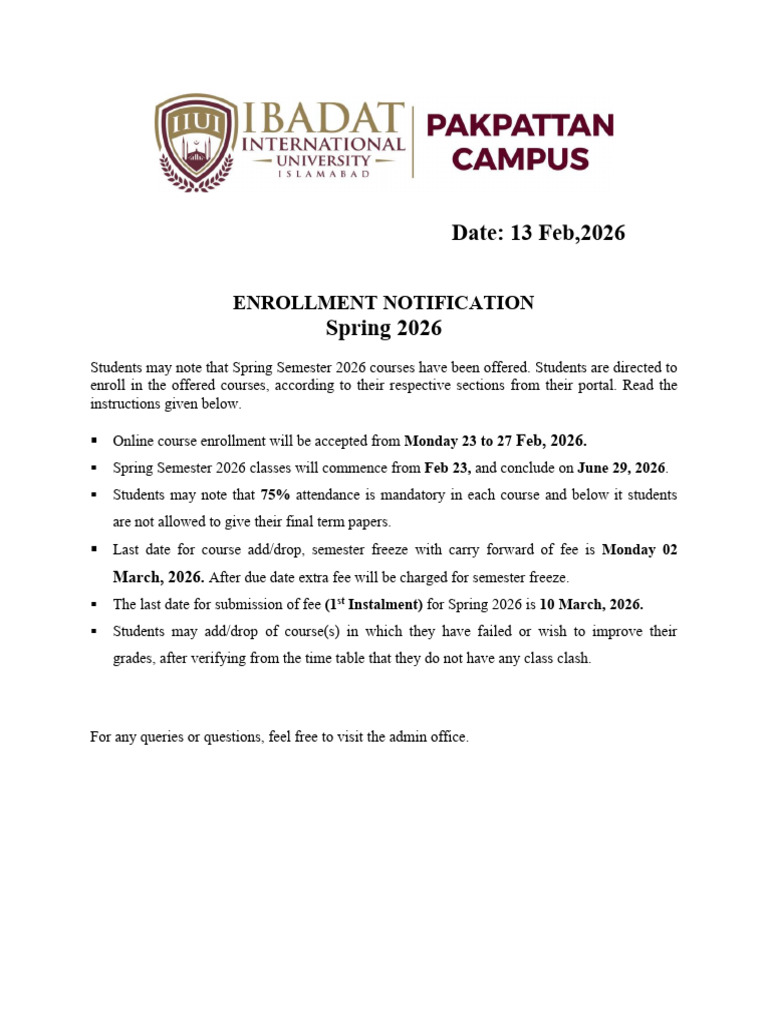 Enrolment Notice - Spring 2026 | PDF
