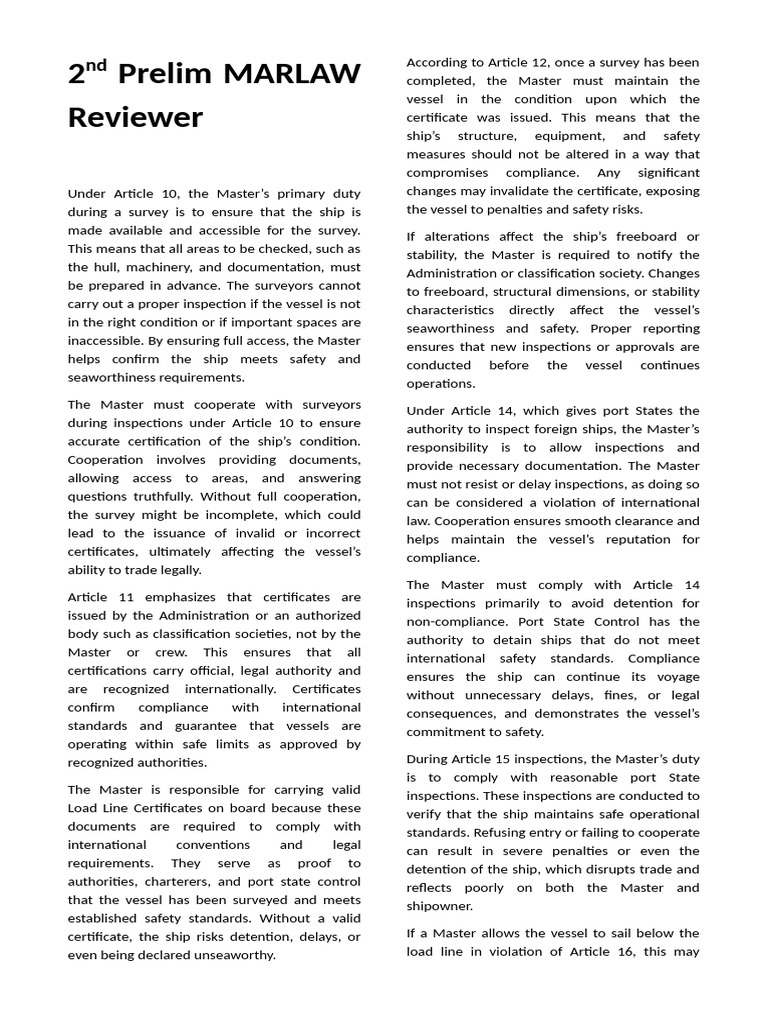 2nd Prelim MARLAW Reviewer | PDF | Ships | Regulatory Compliance