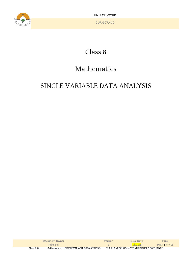 3.1 Single Variable Data Analysis Y8 | PDF | Mean | Outlier