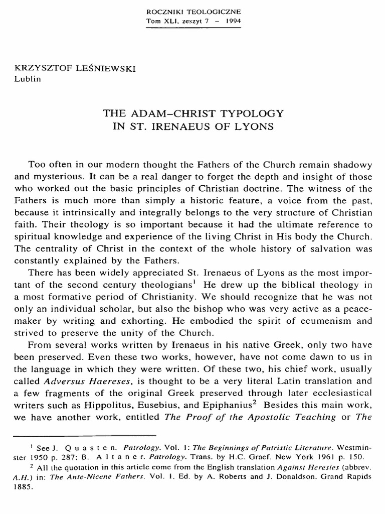Lesniewski The Adam-Christ Typology | PDF | Irenaeus | Logos (Christianity)