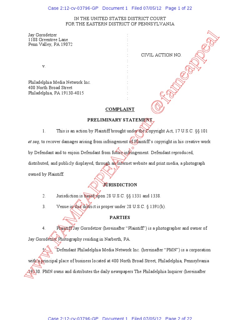 Photographer Copyright Infringement Gorodetzer V Philadelphia Inquirer ...