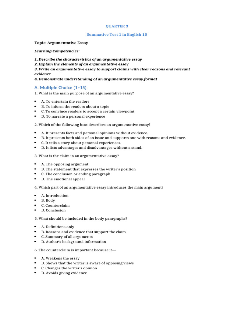 Summative Test Argumentative Essay | PDF | Essays | Argument