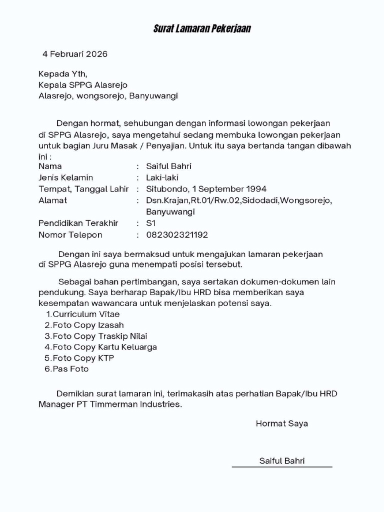 Saiful Bahri Lamaran SPPG | PDF