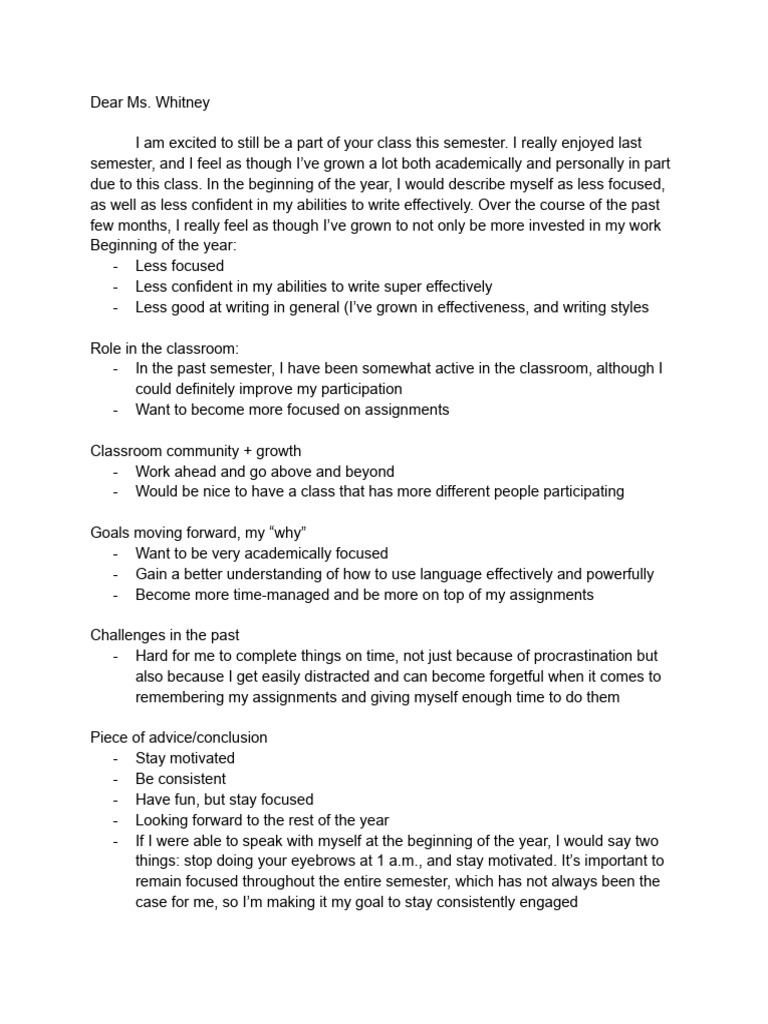 Semester Reflection Letter PDF | PDF