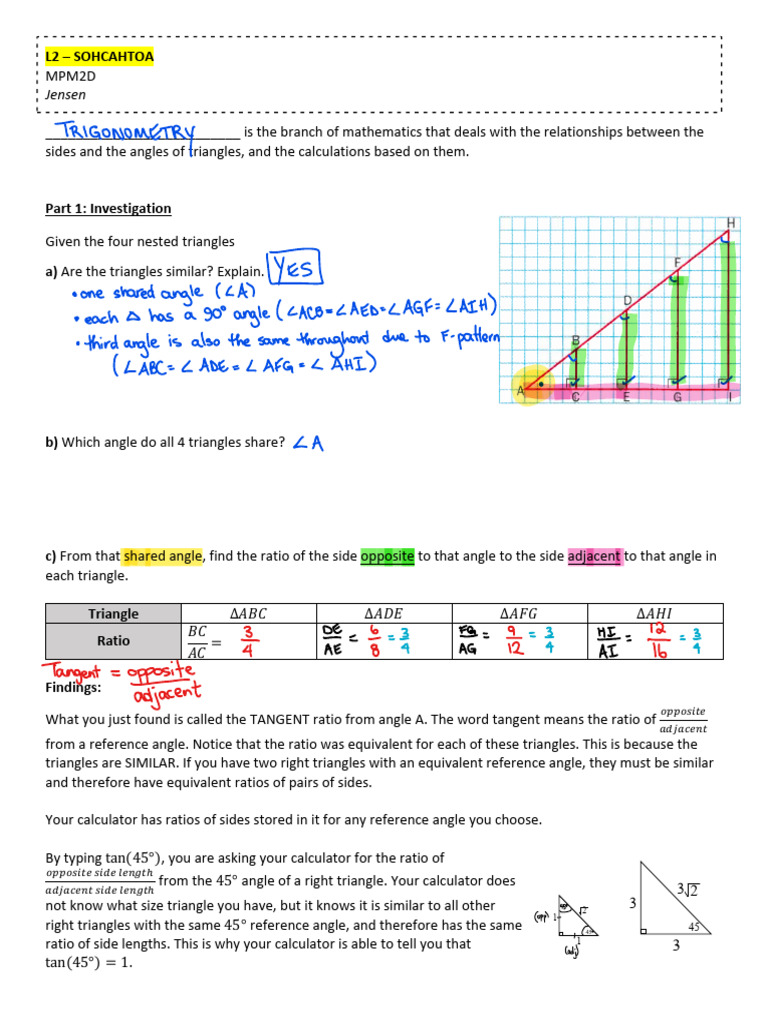7.4 Primary Trigonometric Ratios Part 1 (Solutions) | PDF | Triangle ...