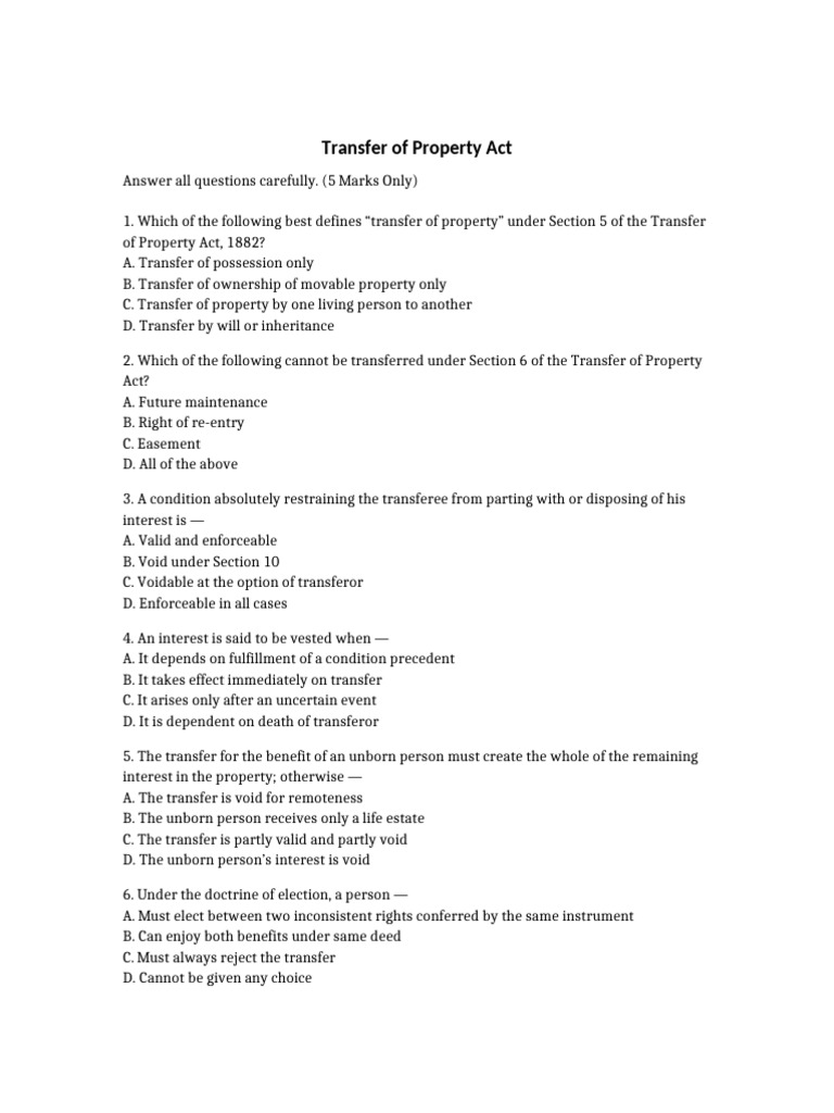 Transfer of Property Act Classroom Quiz | PDF | Property | Easement