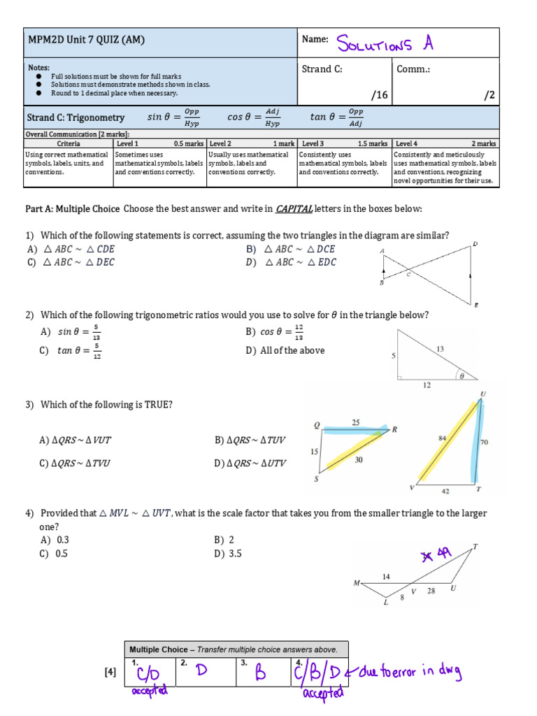 MPM2D Unit 7 Quiz May 2025 AM (Solutions) | PDF | Trigonometry ...