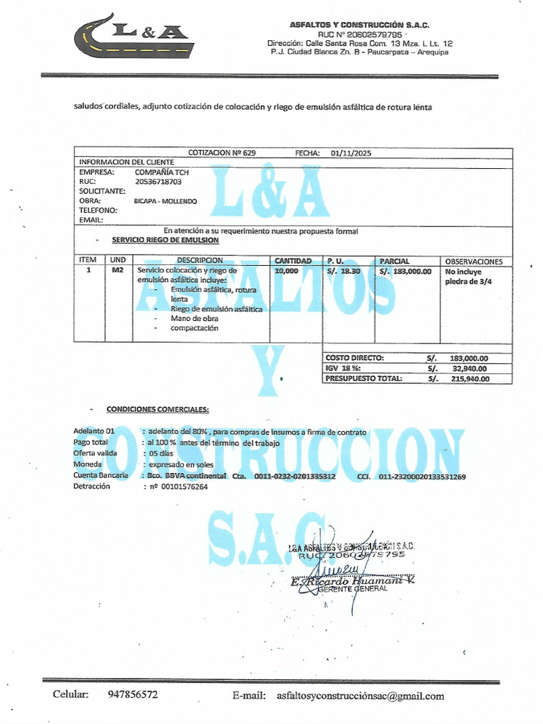 Scan Cotizacion de Riego de Emulsion COMPAÑIA TCH | PDF