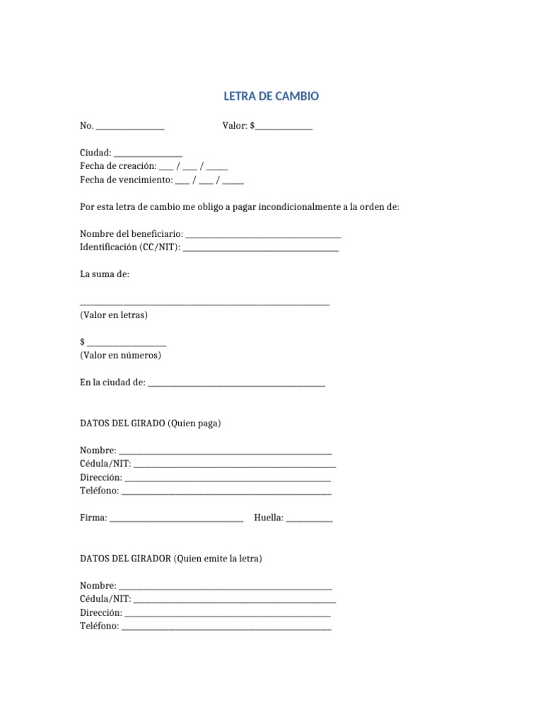 Letra de Cambio y Pagare Listo Imprimir | PDF | Pagaré | Instrumentos ...