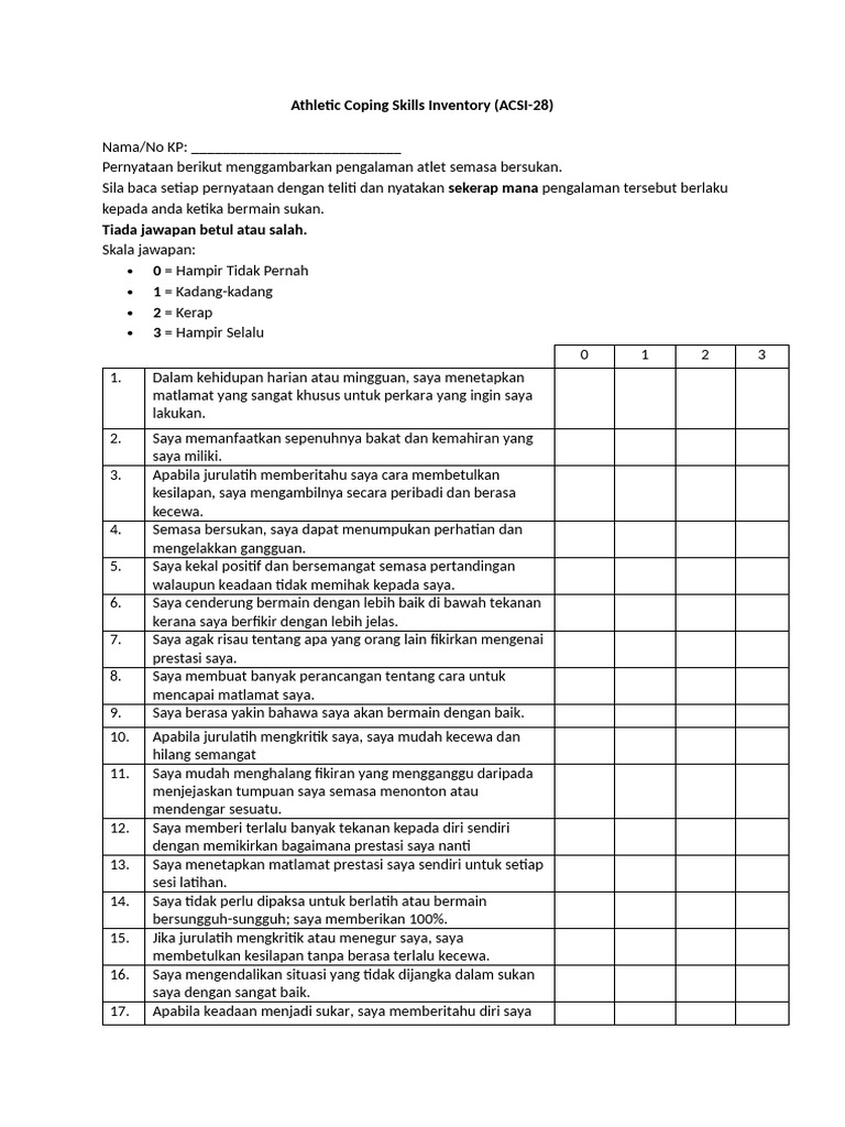 Athletic Coping Skills Inventory (ACSI-28) | PDF