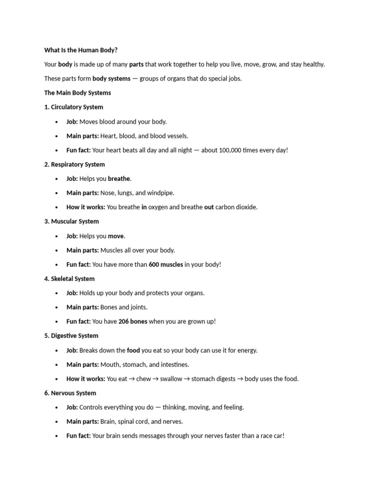 Human Body Systems 3rd Grade Science | PDF