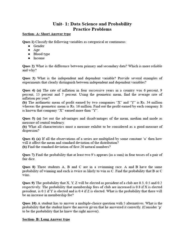 Practics Sheet - Stats Unit-1 | PDF | Sensitivity And Specificity | Mean