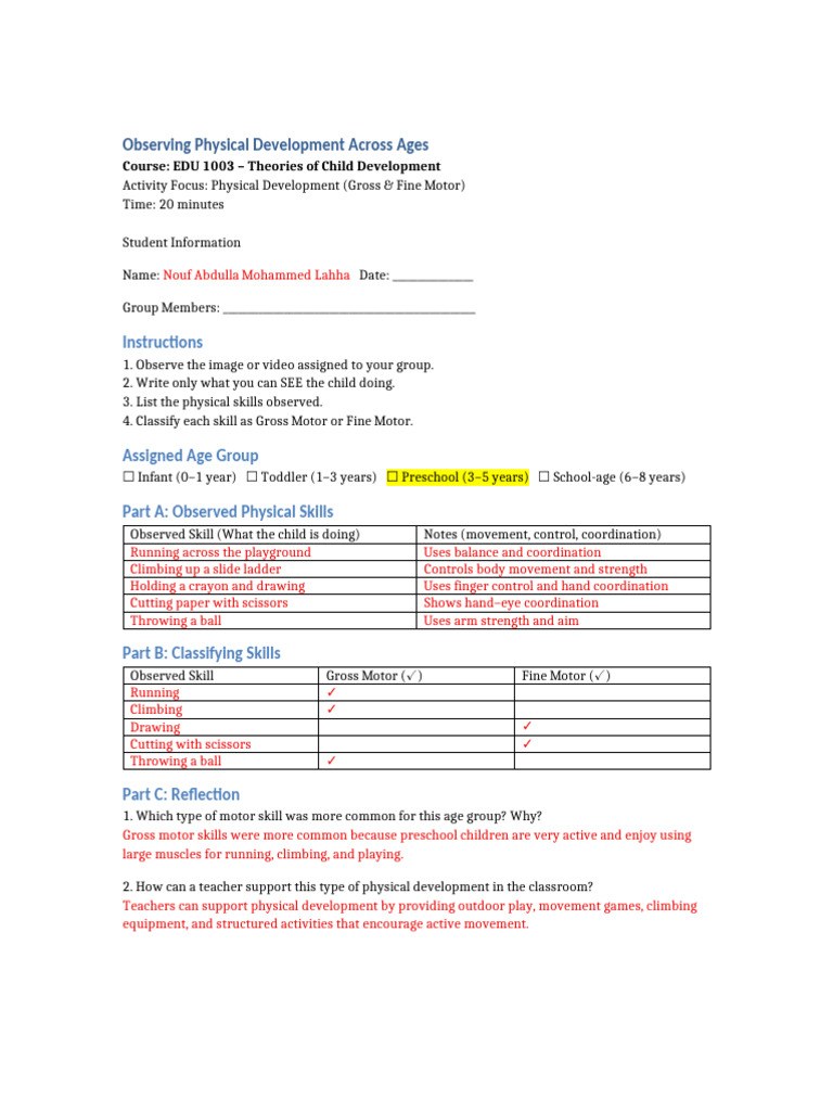 Physical Development Observation Worksheet Explore | PDF