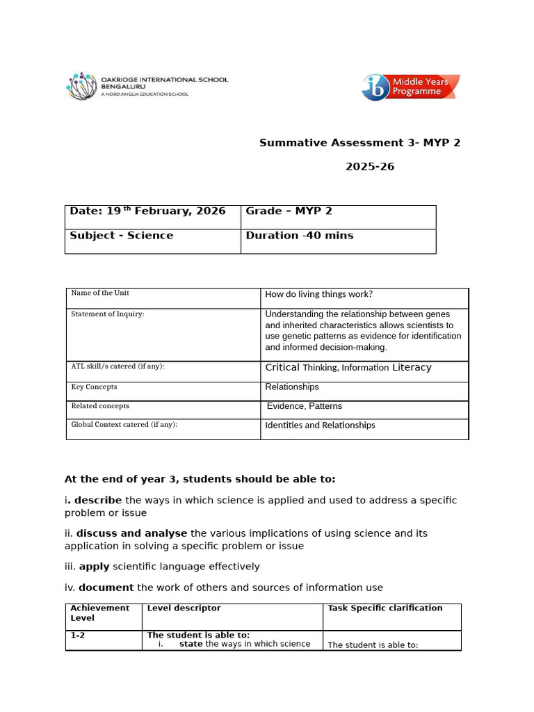 SA3 MYP 2 Crit D With Marking Scheme 2025-26 | PDF | Science | Cloning