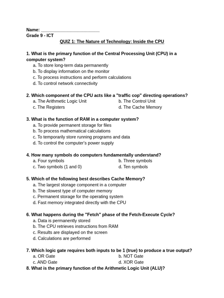 Grade 9 - Quiz 1 - ICT | PDF | Computer Data Storage | Central ...