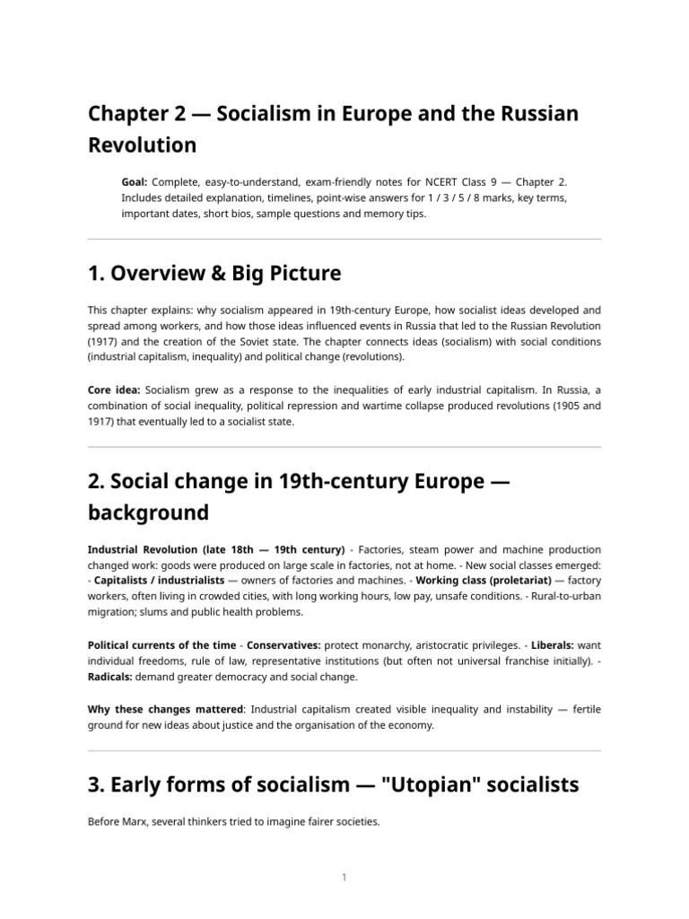 History CH 2 - Socialism in Europe & The Russian Revolution - Detailed ...