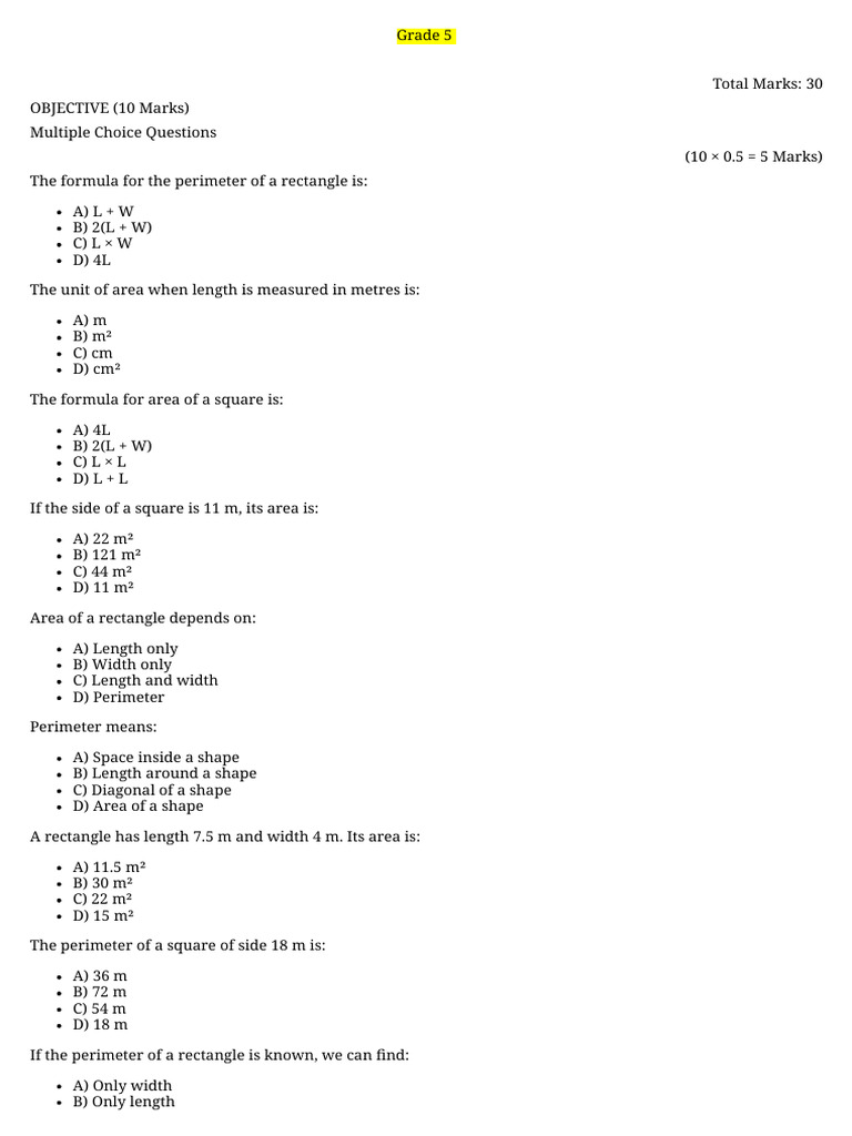 Maths 5th Perimeter and Area Test | PDF | Area | Length