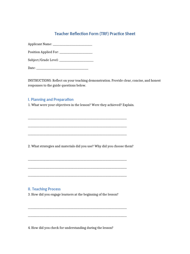 Teacher Reflection Form Practice Sheet DepEd | PDF | Learning | Teachers