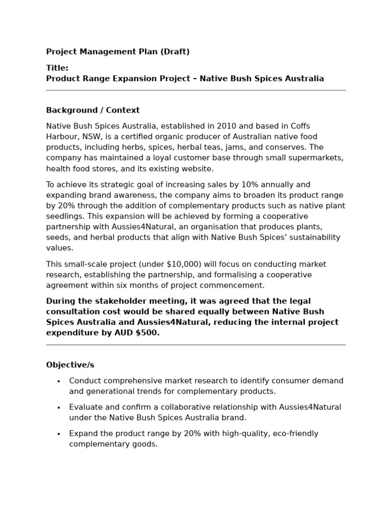 Project Management Plan - Project 2 - Product Range Expansion - Con ...