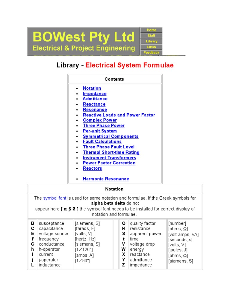 Electrical System Formulae | PDF | Ac Power | Electrical Impedance