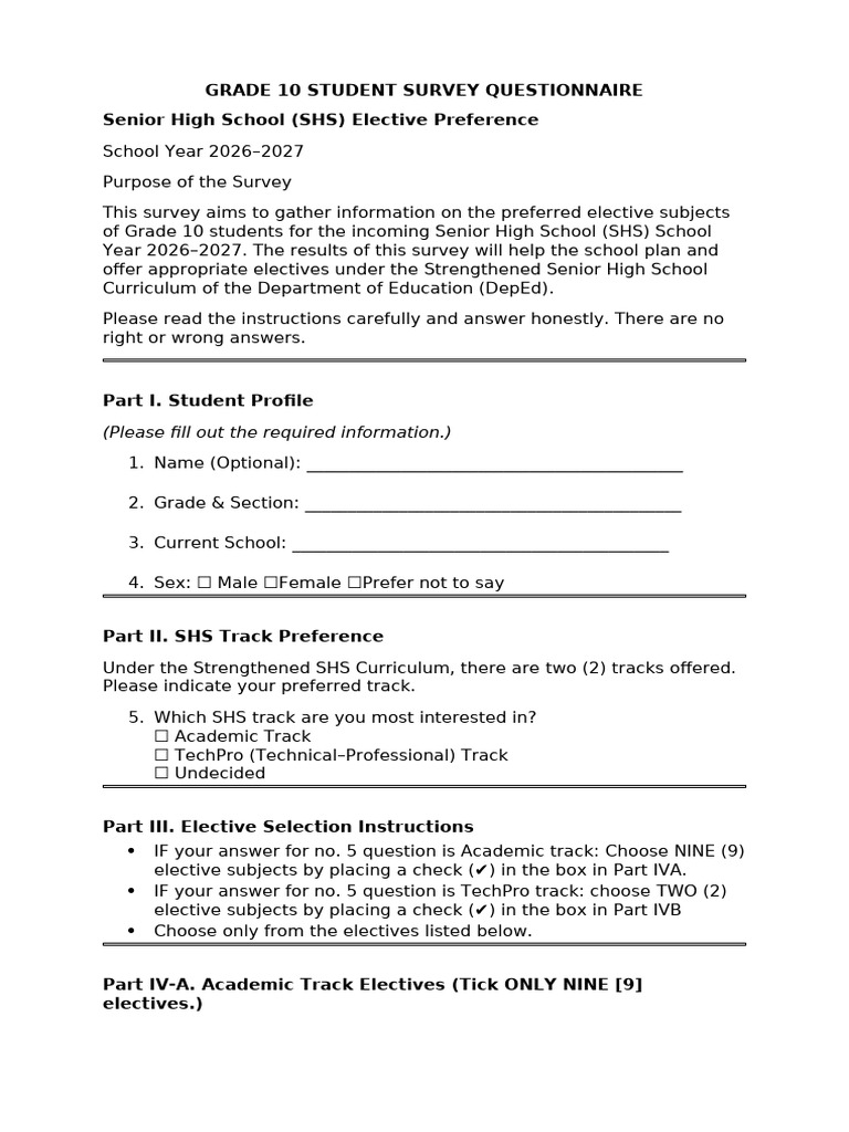 Grade 10 Shs Elective Preference Survey Sy 20262027 | PDF